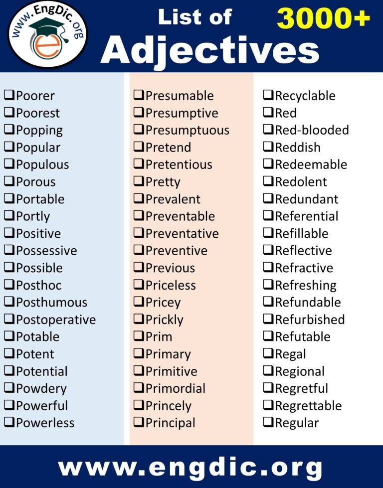 List of Adjectives (Daily Use Complete List with PDF) - EngDic