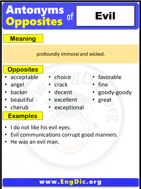 Opposite Of Evil, Antonyms of Evil (Example Sentences) - EngDic