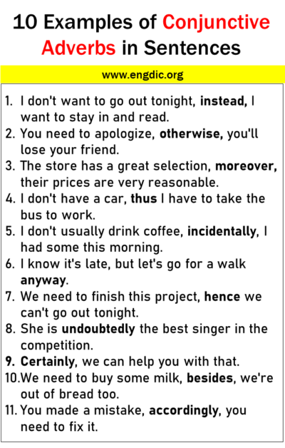 10 Examples of Conjunctive Adverbs in Sentences - EngDic