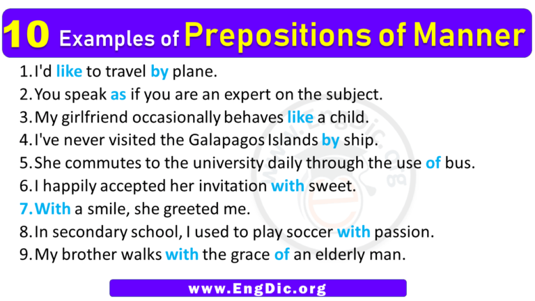 20 Examples of Prepositions of Manner - EngDic