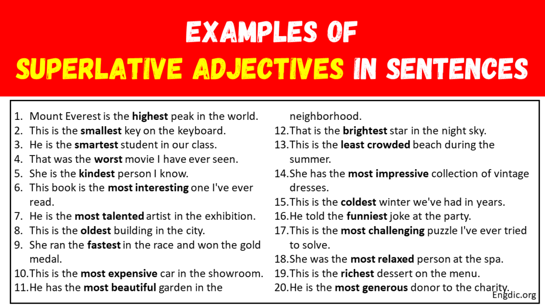 100 Examples of Superlative Adjectives in Sentences - EngDic