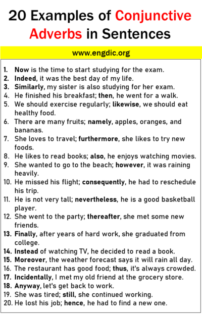 20 Examples of Conjunctive Adverbs in Sentences - EngDic