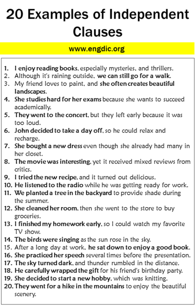 20 Examples of Independent Clauses - EngDic