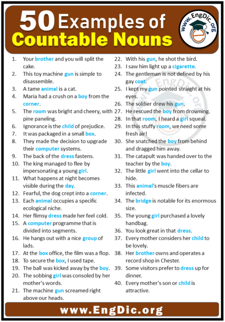 50 Examples of Countable Nouns in Sentences – EngDic