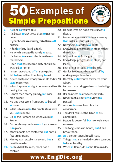 50 Examples of Simple Prepositions in Sentences - EngDic