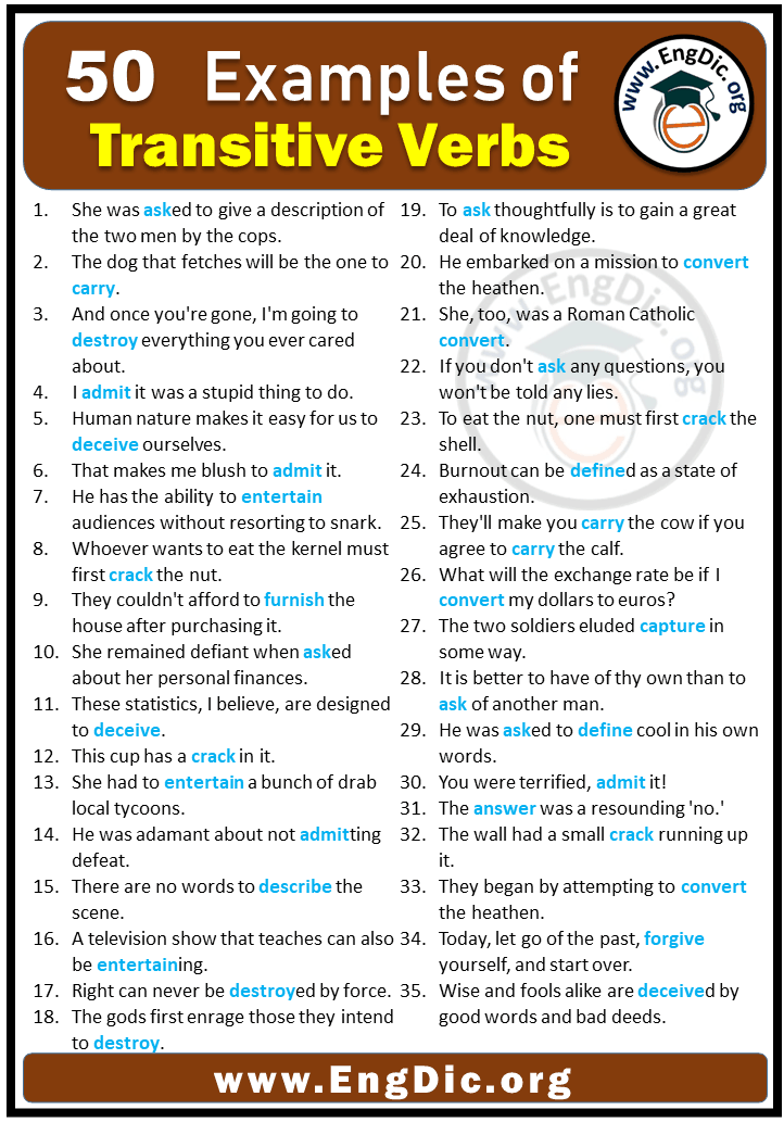  50 Examples Of Transitive Verbs In Sentences EngDic