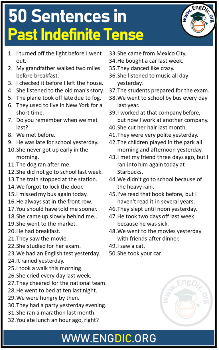 50 Sentences in Past Indefinite Tense (Past Simple Tense Examples) - EngDic