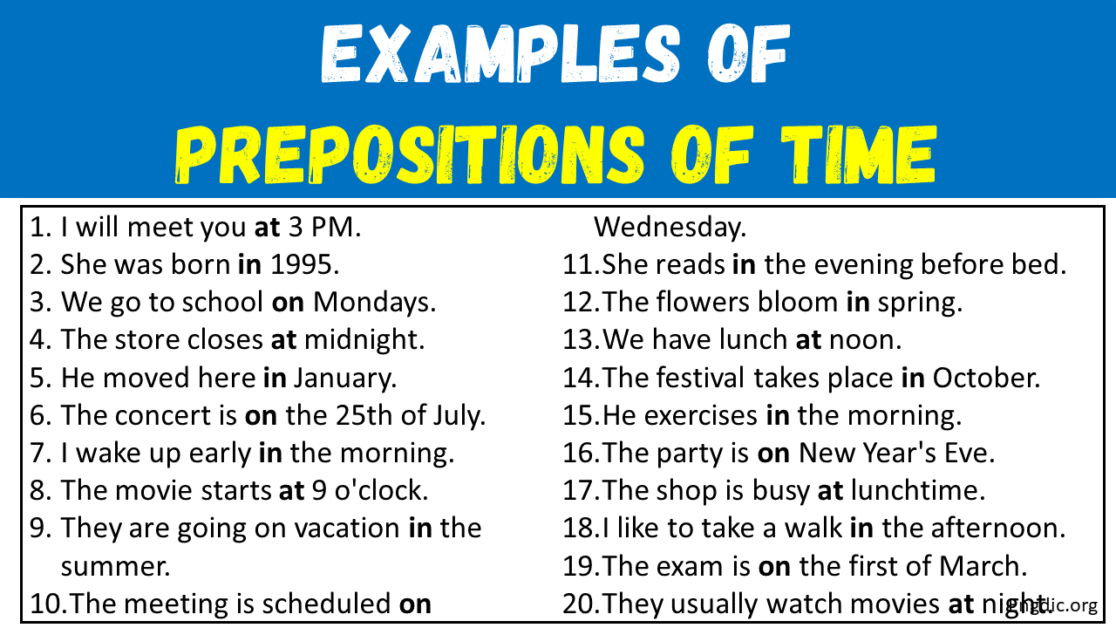 20 Examples of Prepositions of Time in Sentences - EngDic