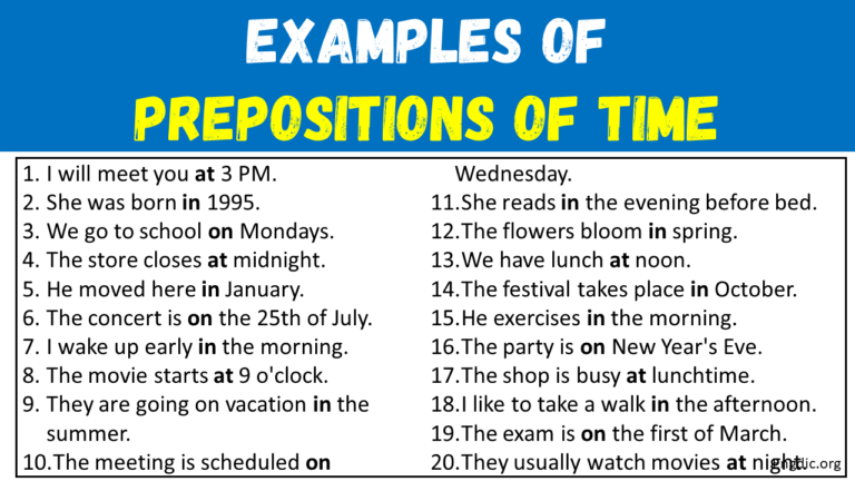 20 Examples of Prepositions of Time in Sentences - EngDic