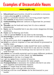 100 Examples of Uncountable Nouns in Sentences - EngDic