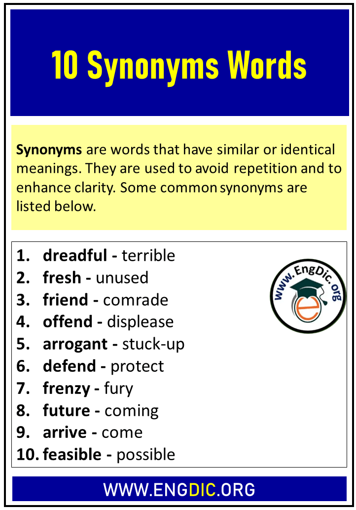 10 Synonyms Words List EngDic 10 Synonyms Words List EngDic