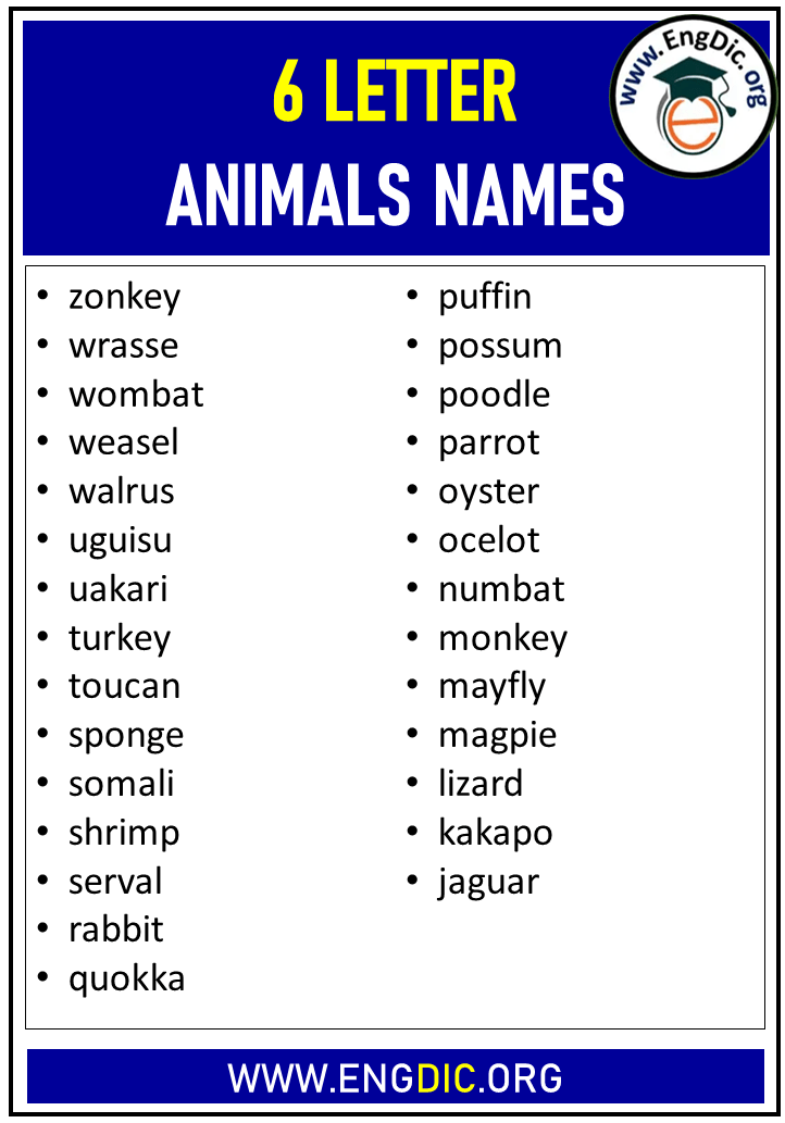 6 Letter Animals Names List EngDic 6 Letter Animals Names List EngDic