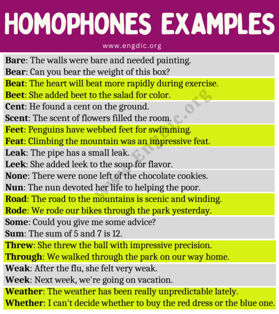 100 Examples of Homophones in Sentences English - EngDic