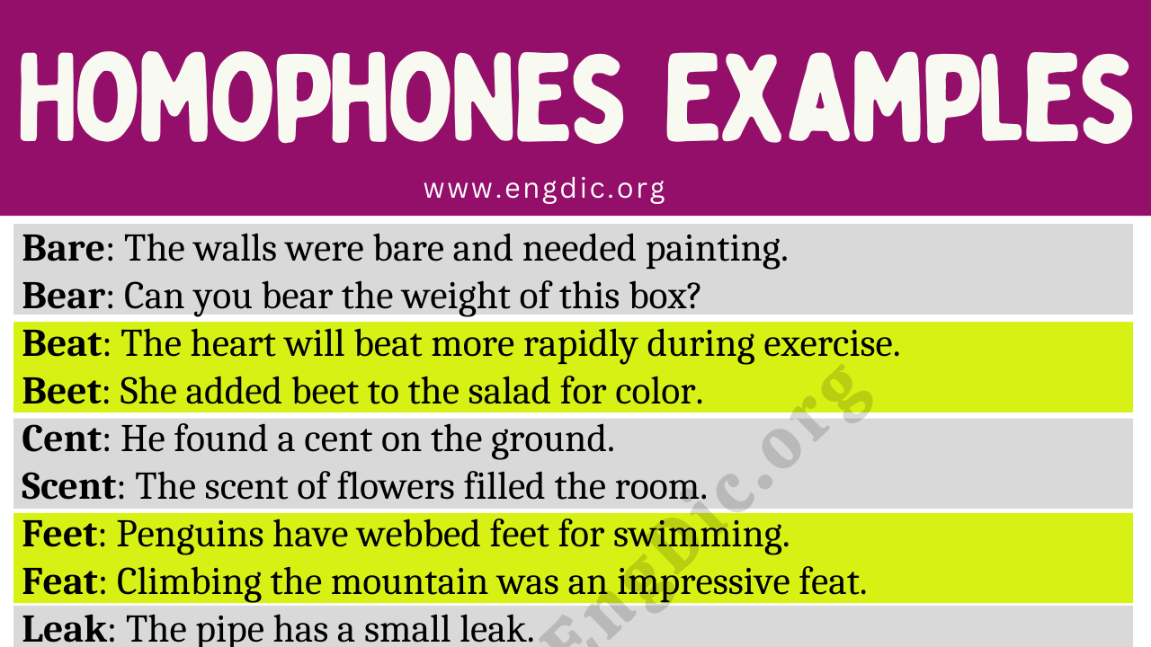 100 Examples of Homophones in Sentences English - EngDic