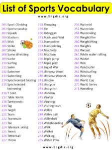 List of Sports, Sport related vocabulary words list - EngDic