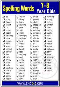 Spelling Words For 7-8 Year Olds (Year 3) - EngDic
