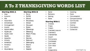 A To Z Thanksgiving Words List (Heartfelt Words) - EngDic