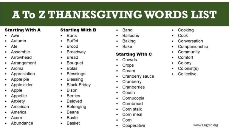 A To Z Thanksgiving Words List (Heartfelt Words) - EngDic