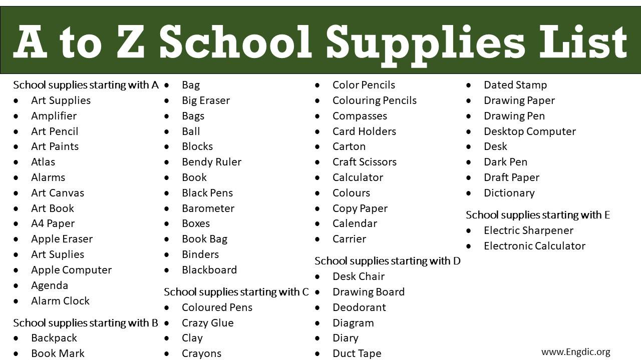 A To Z School Supplies List Of All School Supplies EngDic