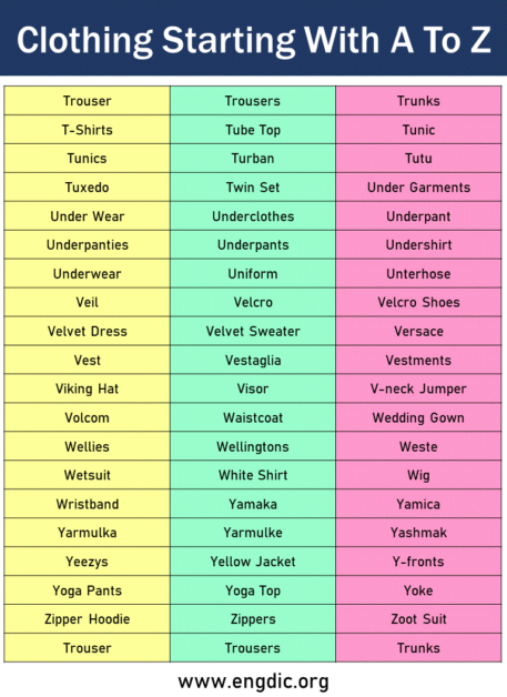 Clothing Starting With A To Z (Everything You Need to Know) - EngDic