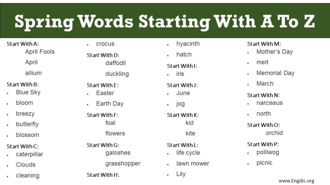 300+ Spring Words Starting With A To Z -(Spring Vocabulary) - EngDic