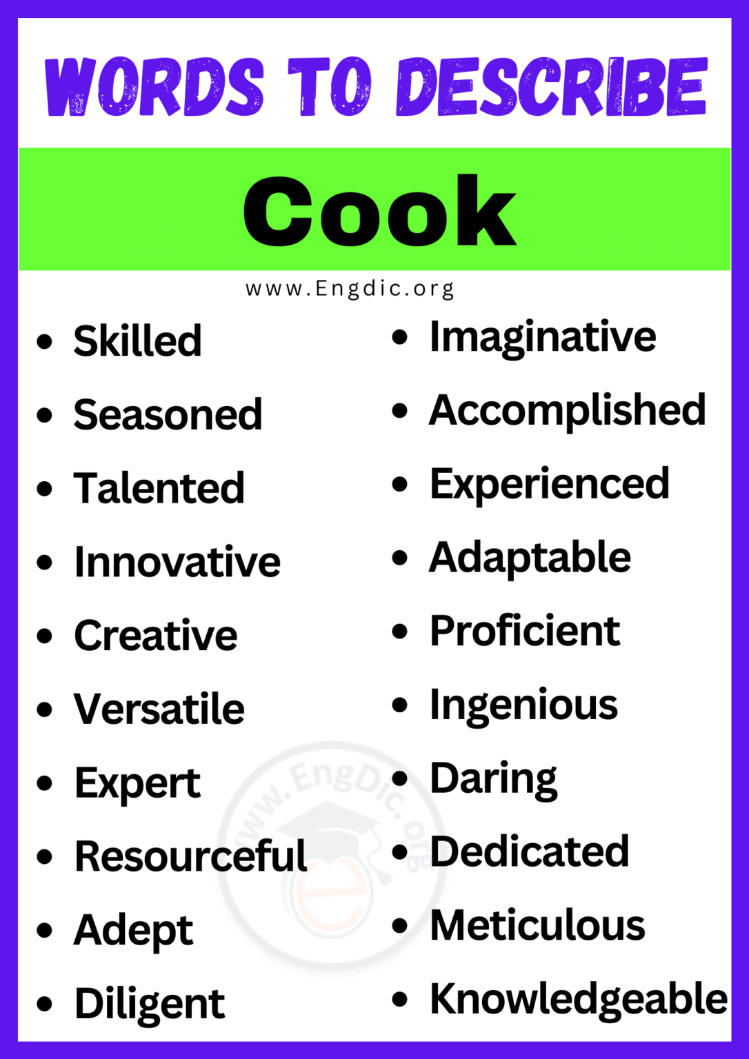 20+ Best Words to Describe Cook, Adjectives for Cook - EngDic