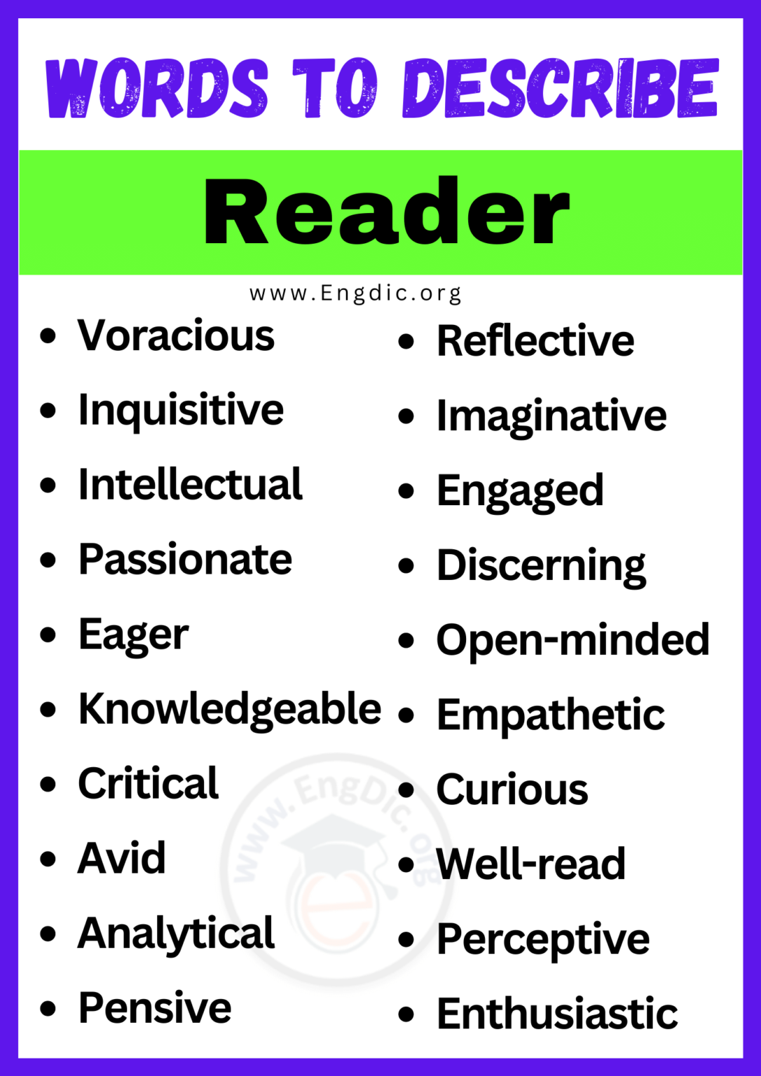 20+ Best Words to Describe Reader, Adjectives for Reader - EngDic