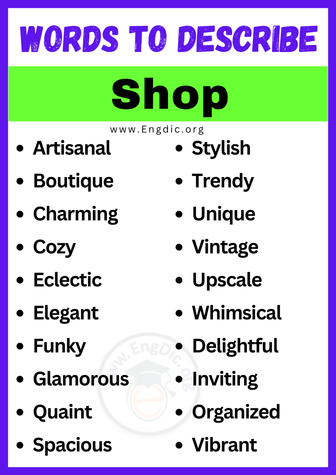20+ Best Words to Describe Shop, Adjectives for Shop - EngDic