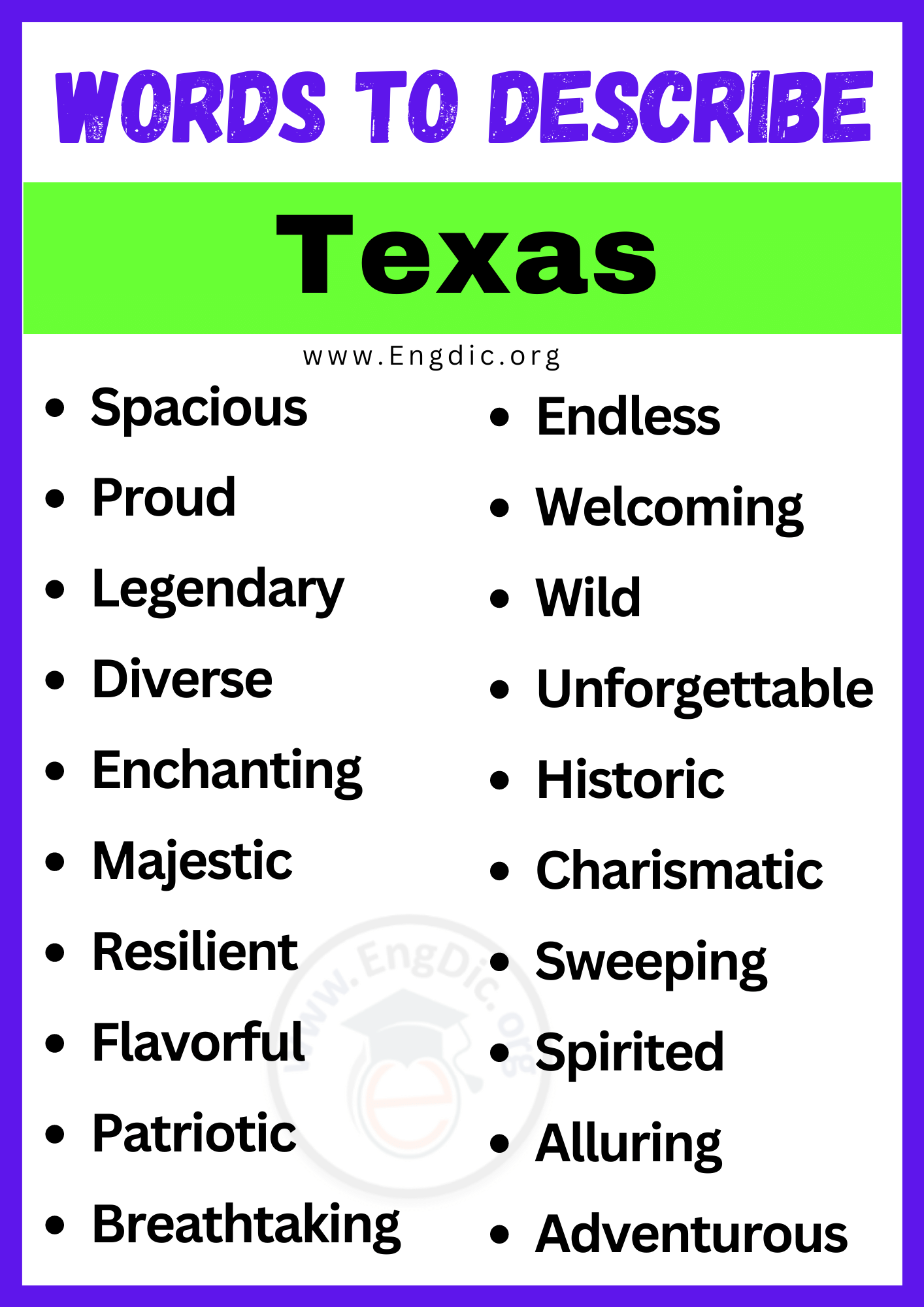 20+ Best Words to Describe a Texas, Adjectives for Texas - EngDic