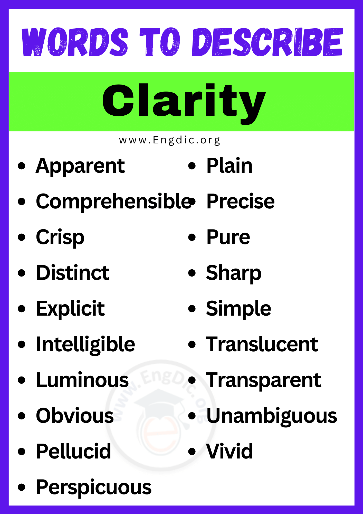 20+ Best Words to Describe Clarity, Adjectives for Clarity - EngDic