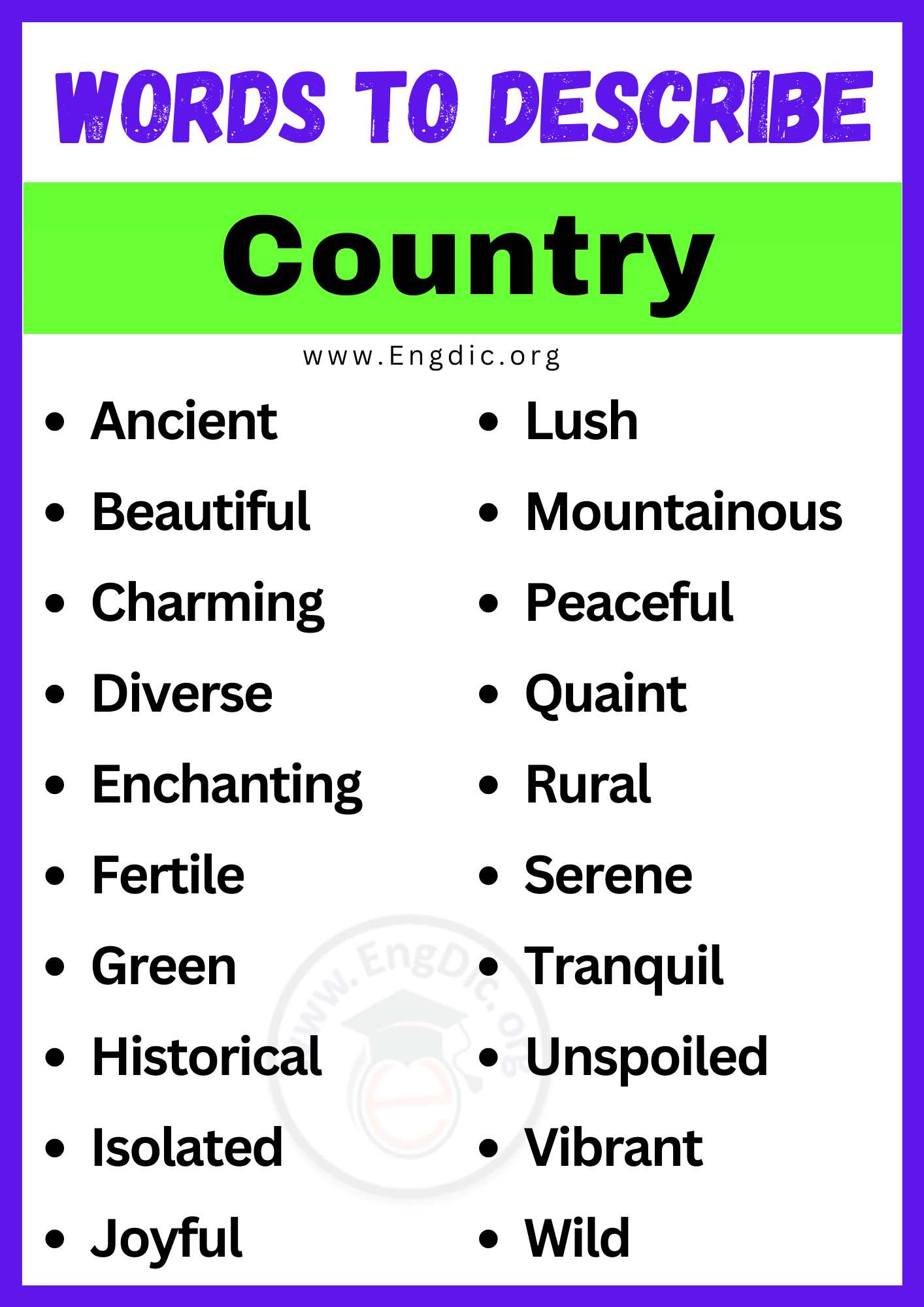 20+ Best Words to Describe Country, Adjectives for Country - EngDic