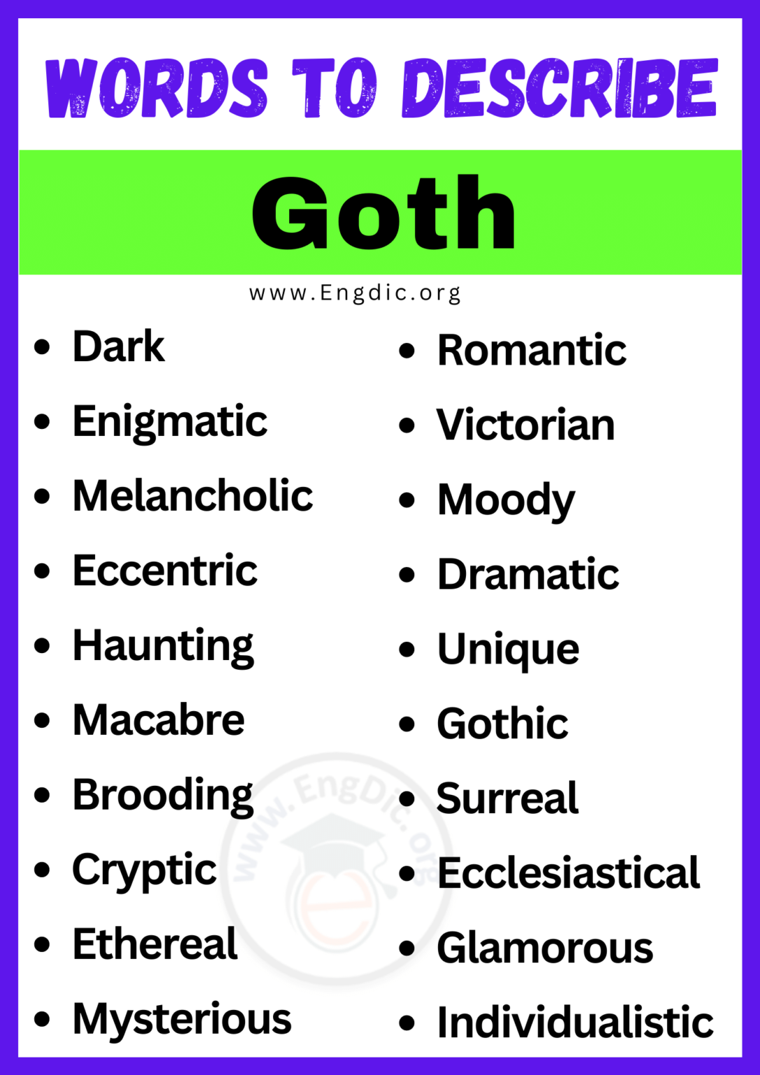 20+ Best Words to Describe Goth, Adjectives for Goth - EngDic