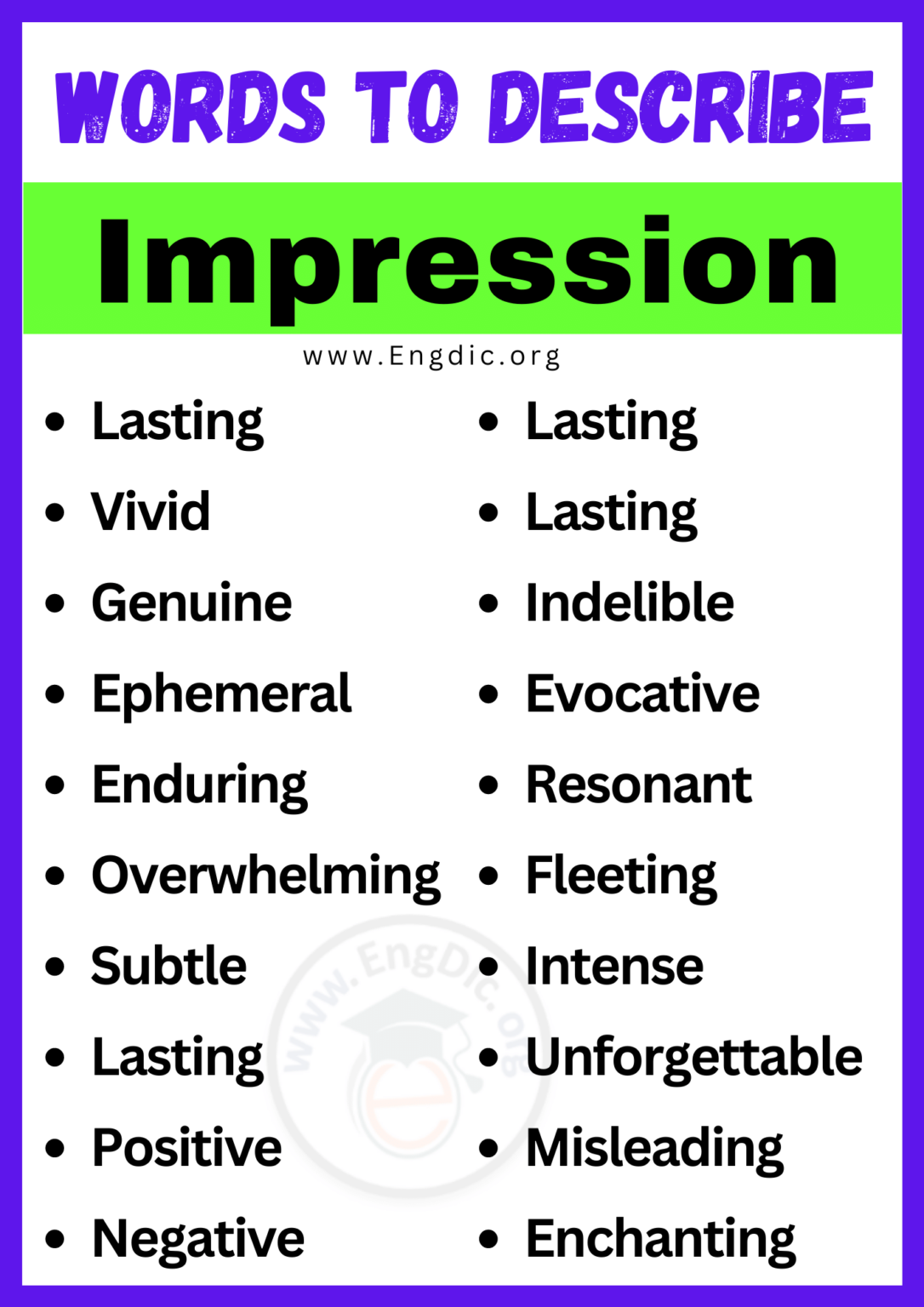 20+ Best Words to Describe Impression, Adjectives for Impression - EngDic