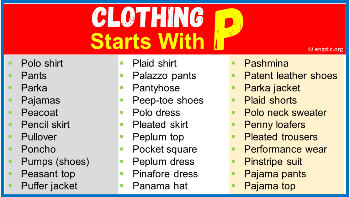Clothing That Starts with P (Men, Women & Brands) - EngDic