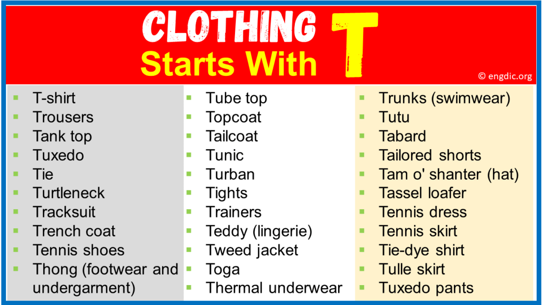Clothing That Starts with T (Men, Women & Brands) - EngDic