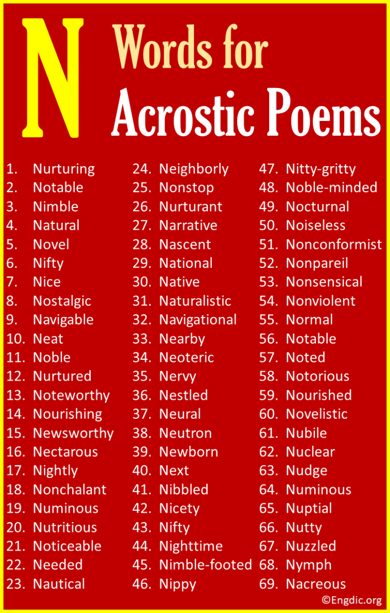 N Words for Acrostic Poems (100 Words) - EngDic