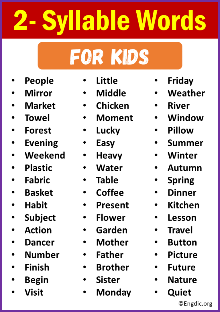 Two Syllable Words Huge List For Kids Teachers EngDic