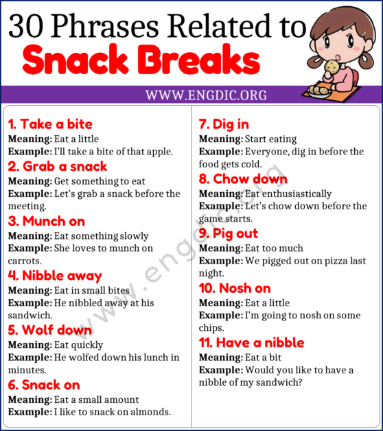 Learn 30 Phrases Related to Snack Breaks - EngDic
