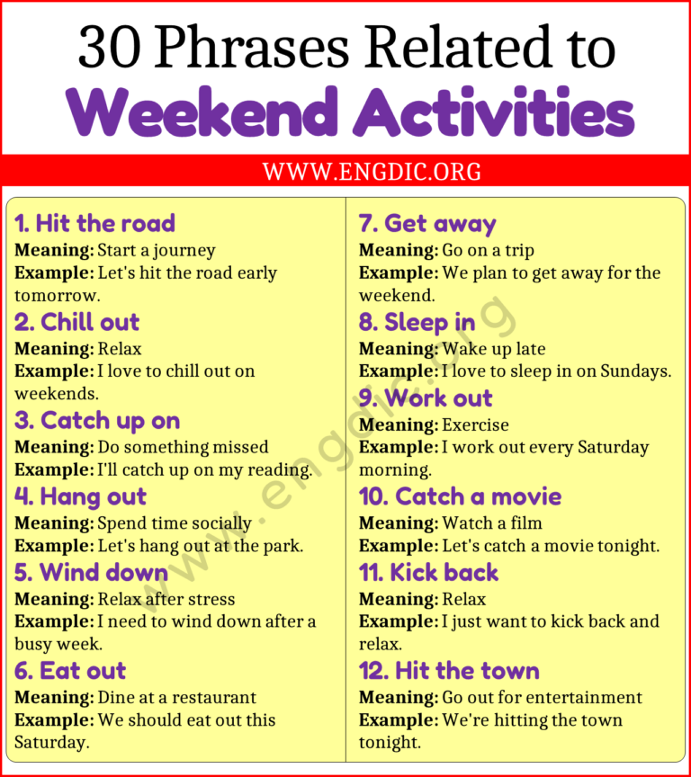 Learn 30 Phrases Related to Weekend Activities - EngDic
